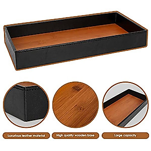 JACKCUBE Design Leather Bamboo Valet Tray for Men, Catch All Trays for Key, Phone, Wallet, Coin, Sunglasses, EDC Dump Storage (Black) - MK205A