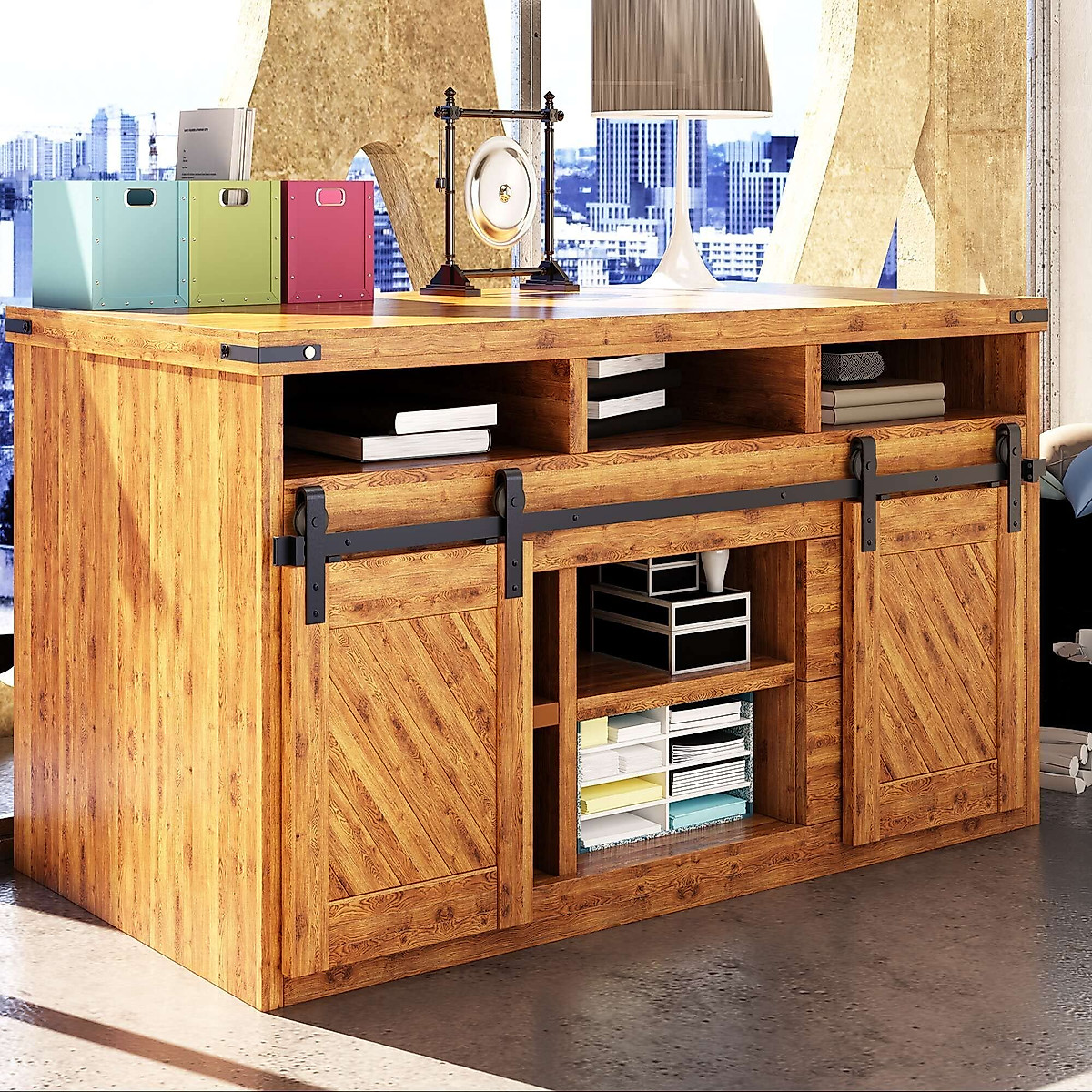 Homacer Mini Black Rustic Non-Bypass Sliding Barn Door Hardware Kit, for Two/Double Doors, 120-inch Long Flat Track, Classic Design Roller, Cabinet TV Stand Console Use…