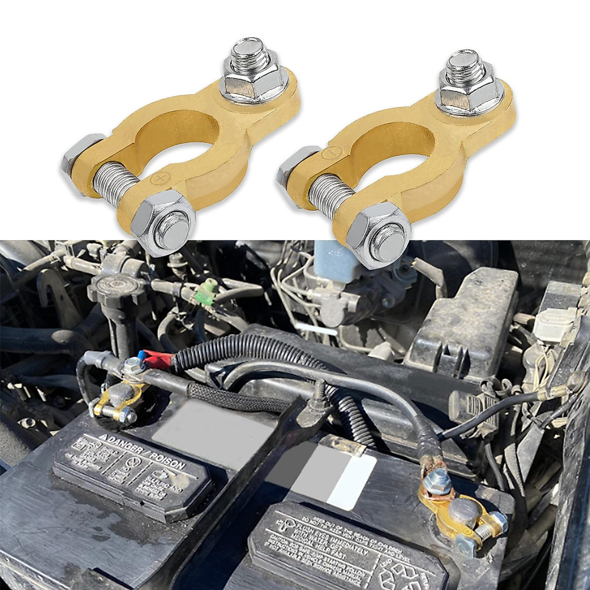 2PCS Brass Battery Terminal Connectors, Battery Cable Ends, Top Post Battery Terminals Clamp Set, Battery Terminal Adapter Car Accessories Compatible with Automotive Car Marine Battery