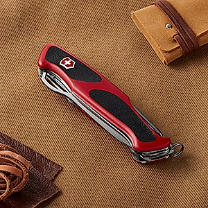 Victorinox Ranger 78 M Grip Swiss Army Knife, 12 Function Swiss Made Pocket Knife with Large Lock Blade, Tweezers and Wood Saw – Red/Black