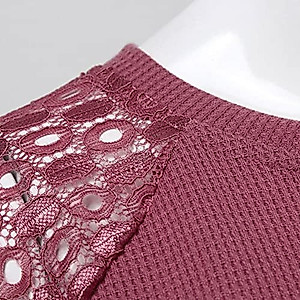 Long Sleeve Tshirts for Women Crewneck Lace Hollow Sleeve Waffle Plain Fall Tops Shirts Summer Casual Tee Trendy O Round Neck Tunic Blouses Spring Autumn T-shirts to Wear Solid Color White