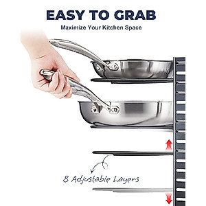 BRONYPRO Adjustable Pots and Pans Organizer for Kitchen Cabinet, Rustproof Storage Organizer Rack for Heavy Pots Pans with 8 Slots, for Skillets, Frying Pan, Pot Lids, Kitchen Must Have (Black)