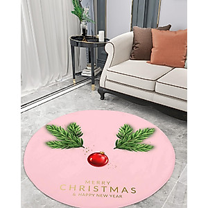 Blush Pink Christmas Fluffy Round Area Rug Carpets 4ft, Plush Shaggy Carpet Soft Circular Rugs, Non-Slip Fuzzy Accent Floor Mat for Living Room Bedroom Nursery Xmas Winter Pine Tree Leaf Green Gold
