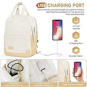 ZOMFELT Casual Travel Backpack for Women Men, Canvas Daypack Backpack for College, Lightweight Fashion Backpack with USB Charging Port, Bookbag for Student, Teacher, Nurse, Girls, Work, Beige