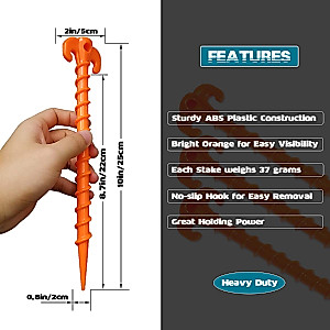 Hikemax Spiral Plastic Tent Stakes 15 Pack - 10 Inch Heavy Duty Beach Tent Pegs Canopy Stakes - Essential Gear for Camping, Backpacking, Gardening and More