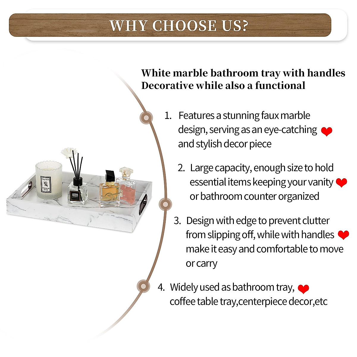 Hanobe Bathroom Vanity Tray Decorative: White Faux Marble Perfume Trays with Black Handles Rectangle Modern Table Decor for Dresser Counter