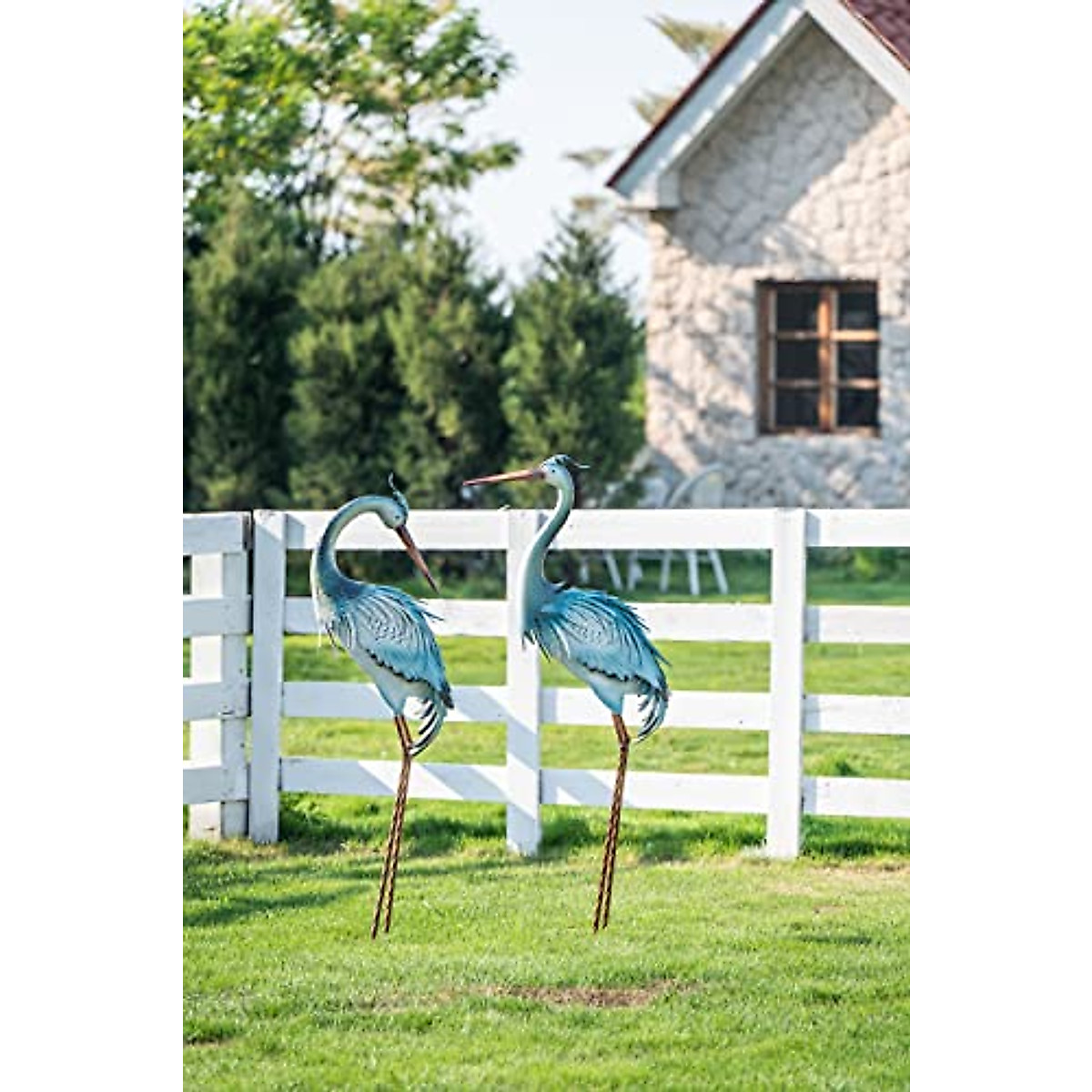 TERESA'S COLLECTIONS Large Blue Heron Garden Statues, 41.7-43.7 inch Standing Crane Sculpture Metal Yard Art Bird Decor Lawn Ornaments for Outdoor Patio Porch Outside Decorations, Set of 2