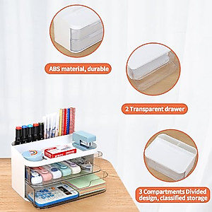 LETURE Desk Organizer with 2 Drawer, Plastic Desktop Storage Organizer Pencil Card Holder Box Container for Desk, Office School Home Supplies, Vanity Table (White)