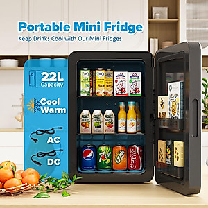 Kikihuose 22L/30Cans Mini Fridge for Bedroom, 12v DC Portable Cooler & Warmer, Mini Refrigerator with Glass Front, for Car Office Desk & Dorm Food Beverage Skincare Makeup (Black)