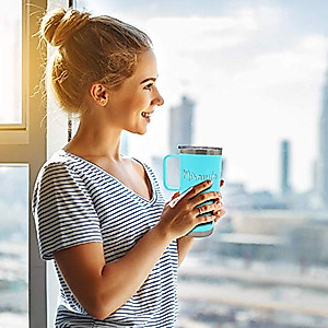 Personalized Travel Mug with Handle and Name Lite Blue Matte Finish Custom Laser Engraved 20 oz Stainless Steel Vacuum Insulated Coffee Cup with Lid