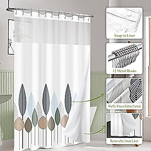 Shower Curtain Set with Snap-in Fabric Liner, Heavyweight Waffle Weave Bathroom Shower Curtains Hotel Style with See Through Top Window, 12 Metal Hooks, Waterproof & Machine Washable(72"x72", Leaf)