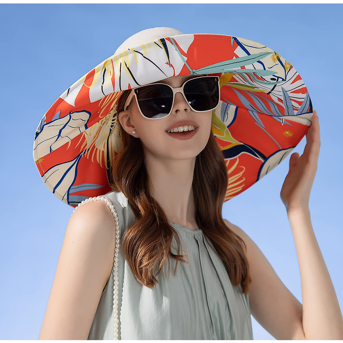 HUAMULAN Women Wide Brim Summer Sun Hat Wired Edge Floral Beach Fishing Bucket Hats Reversible Foldable Travel UV Protection