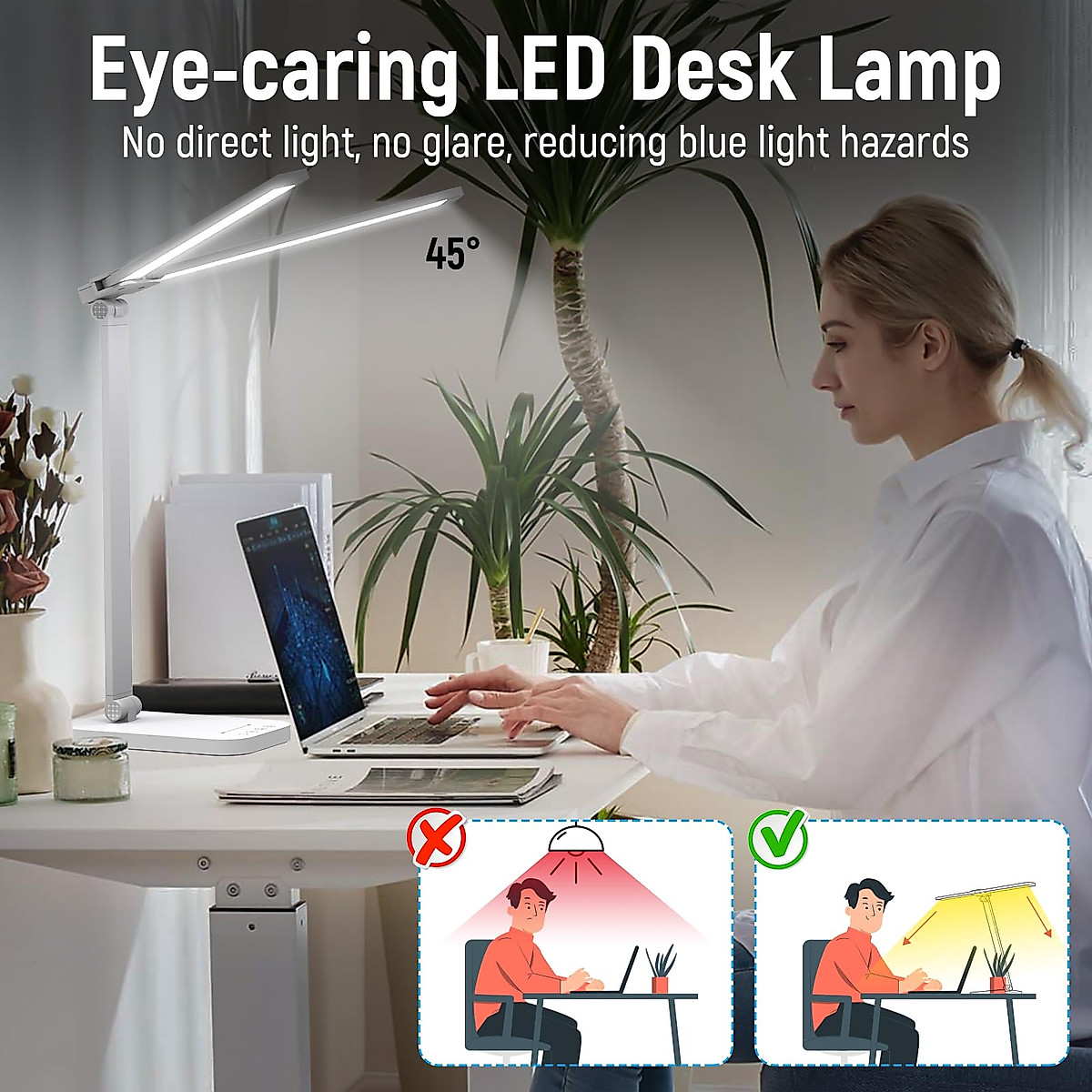 Foldable Desk Lamp for Home Office - Bright Led Desk Light for College Dorm, Dual Swing Arm Dorm Study Desk Lamp, Eye-Caring Architect Desktop Study Lamp, Dimmable Study Light Craft Task Lamp(White)