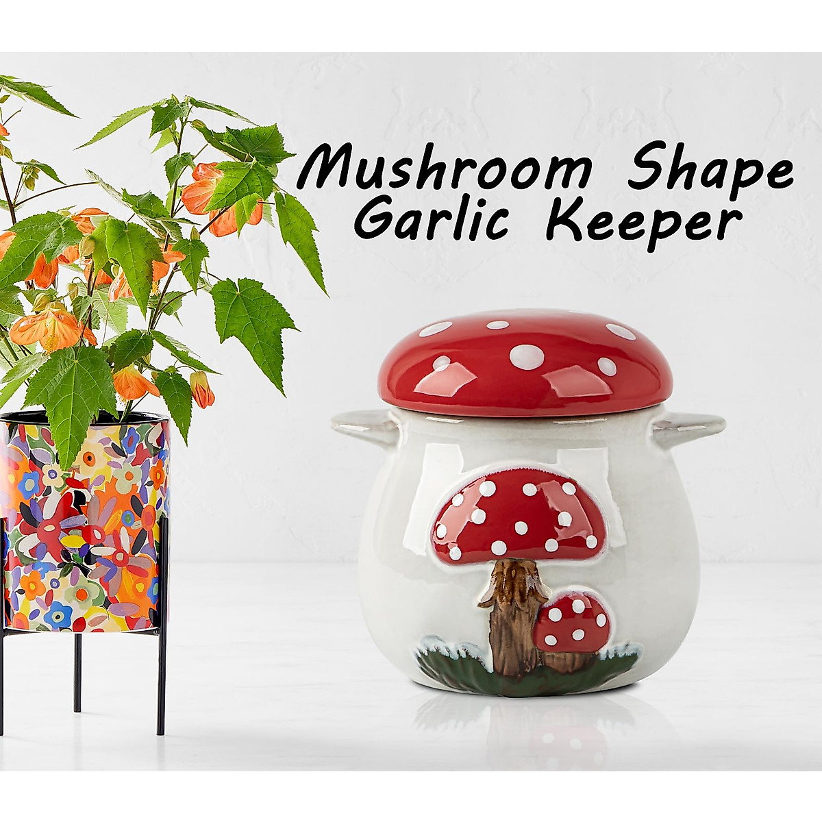 dgudgu Mushroom Garlic Keeper With Ceramic Container for Counter - Red Garlic Holder and Saver