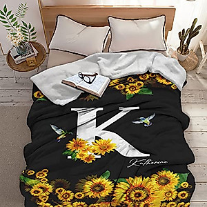 Personalized Name Text Sunflower Blanket Custom Your Name Throw Blanket for Baby Women Friends Sister Wife Mom Birthday Anniversary Christmas Customized Gifts, 60×80 Inch