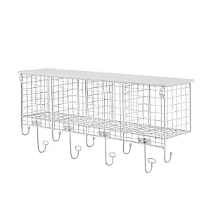 Linon Four Cubby Metal Wall Shelf with Top Shelf and 9 Hooks in White