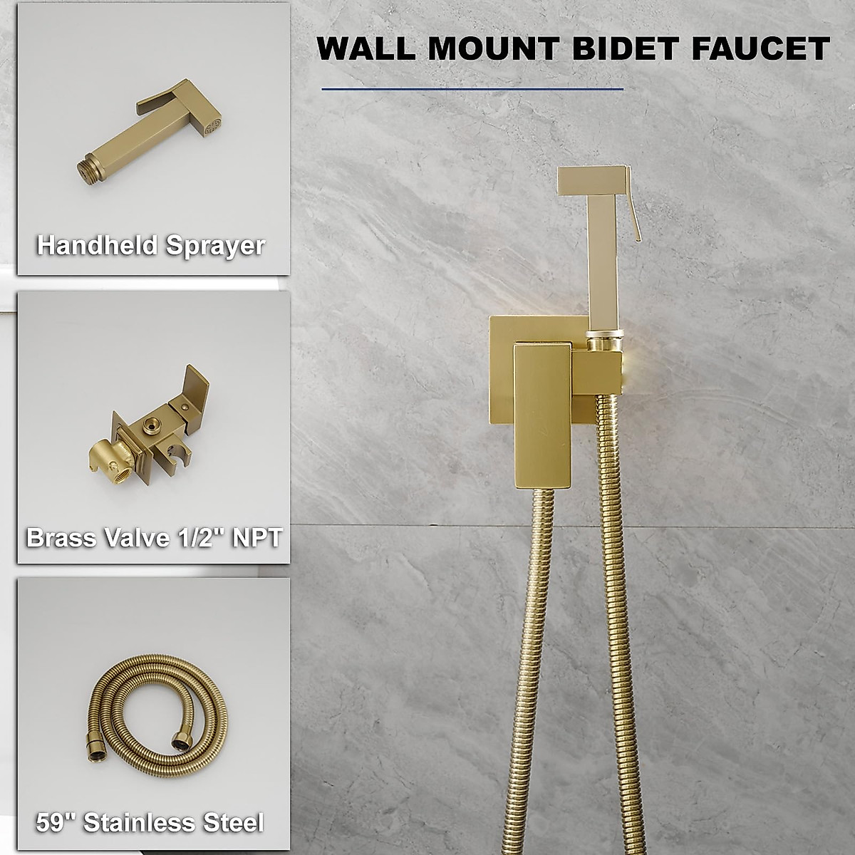 Bathfinesse Wall Mounted Bidet Sprayer Set, Warm Water Bidet Sprayer Faucet for Toilet with Hot and Cold Brass Valve, Stainless Steel Square Handheld Bidet Attachment Set, Brushed Gold