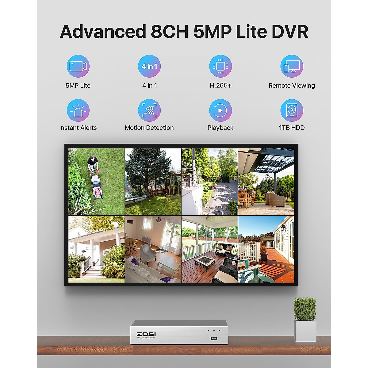 ZOSI 3K Lite Home Security Camera System with Audio,AI Human/Vehicle Detection,Night Vision,8 Channel H.265+ CCTV DVR with 1TB HDD,8pcs 1920TVL Indoor Outdoor Surveillance Cameras,for 24/7 Recording