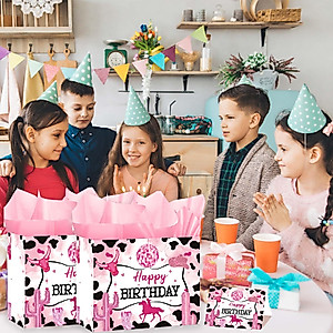 Pink Cowgirl Birthday Gift Bag Set with Tissue Paper – Extra Large Birthday Bag for Girls, Cowgirl Party Decorations, Western Theme Gift Bags for Women Kids, Disco Cowgirl Party Favors, 11.8 x 9.4 x 5.3 Inches