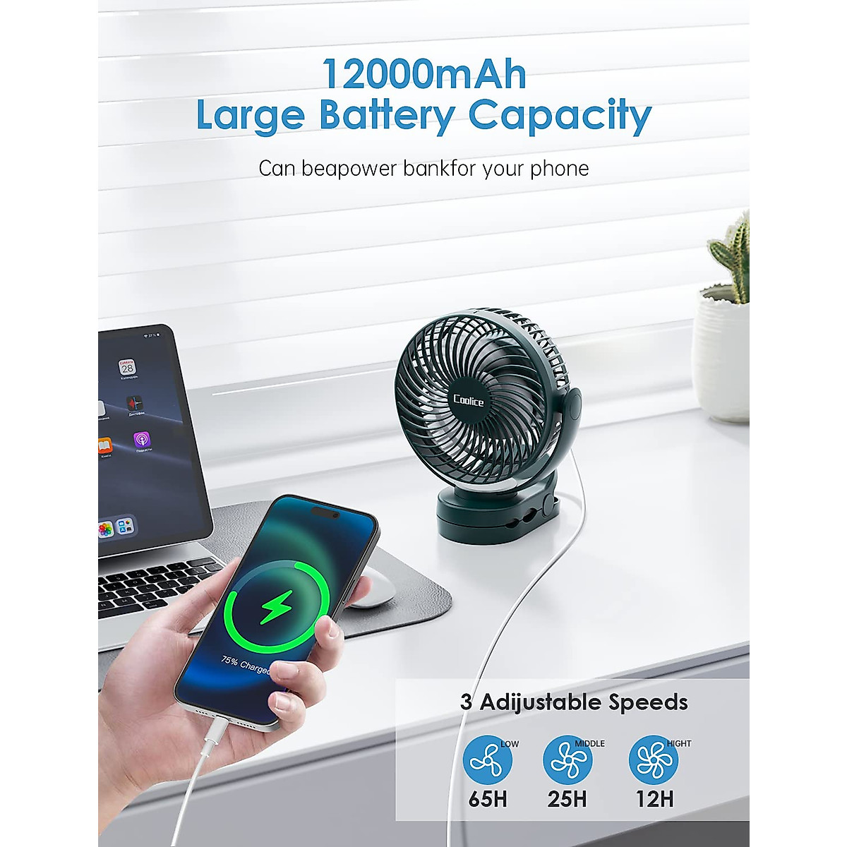 Camping Fan with Remote Control - 65Hrs 12000mAh Rechargeable Fan, 3 Speeds & Timing Battery Powered Fan with Light & Hook, Tent Fan for Camping, Camp Fan for Tent, Battery Operated Fan, Green