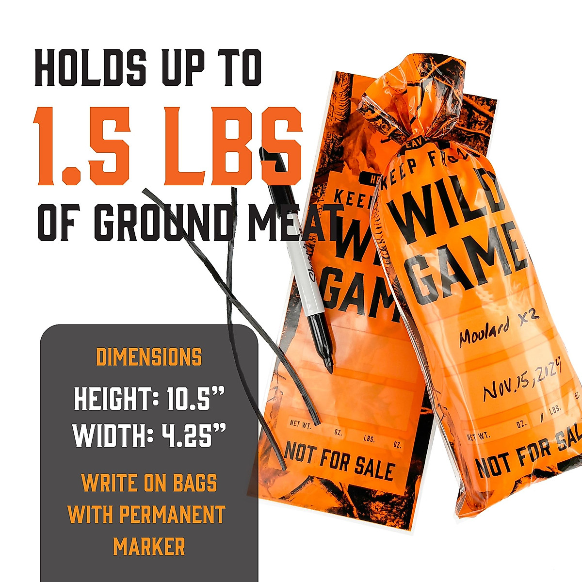 Klarny Outdoors Wild Game Freezer Bags for Ground Meat or Venison, 1.5 LB Blaze Orange Camouflage Hunting Meat Packaging Storage System with Twist Ties for Preventing Freezer Burn (50 Bags)