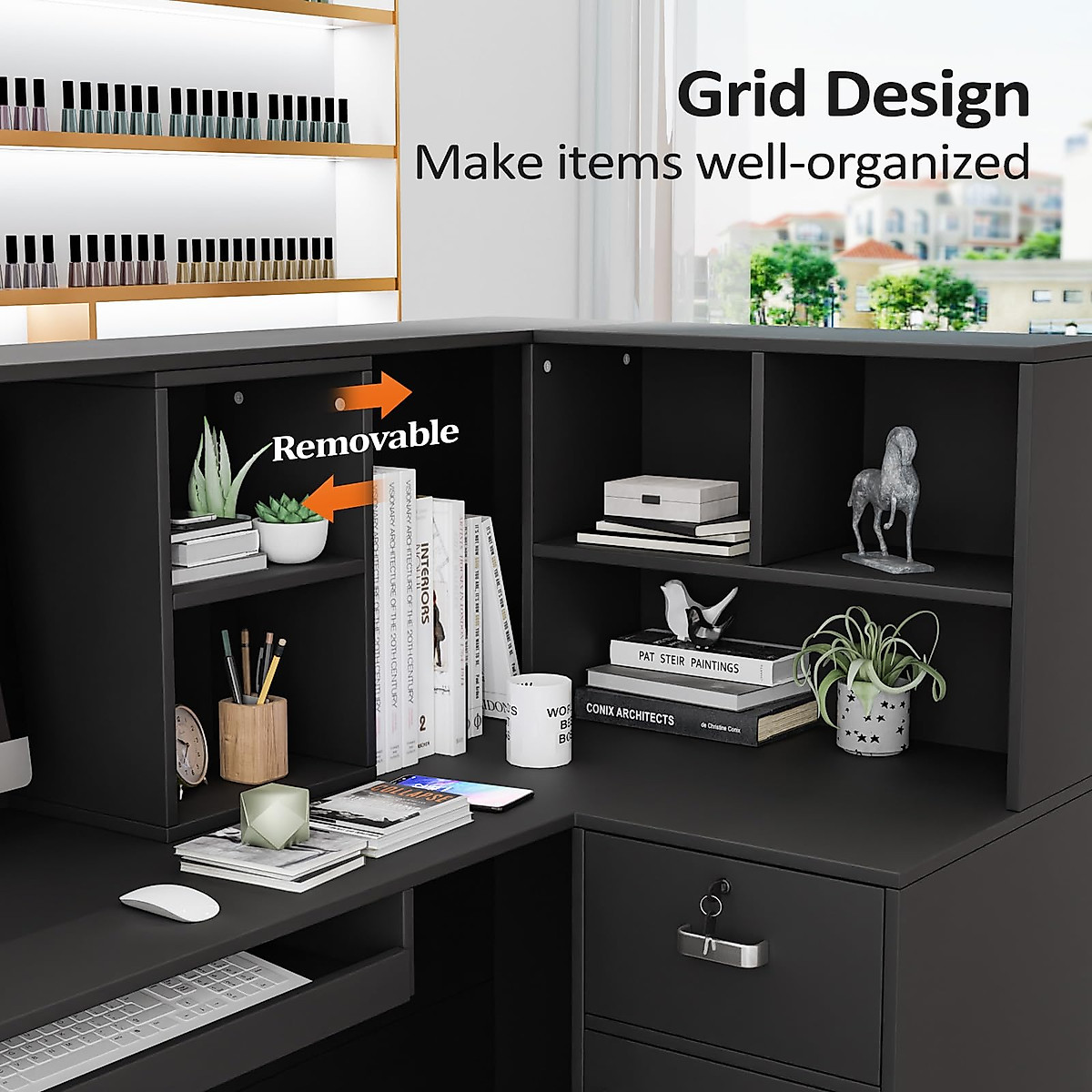 LEADZM L-Shaped Reception Desk with Counter, Front Desk with Lockable Drawers & Adjustable Shelf, Retail Checkout Counter for Beauty Salon Office, Black (55.9" W x 18.9" D x 48" H)