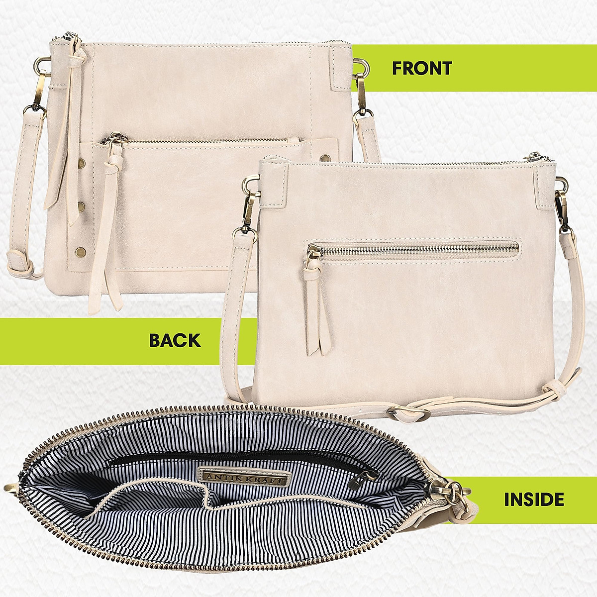 Antik Kraft The Savannah Crossbody Shoulder Bag - Bone | Vegan leather Crossbody Shoulder Bag | Shoulder Bag with removable crossbody strap 53-63 cm | 11in x 1.5in x 8.5in |