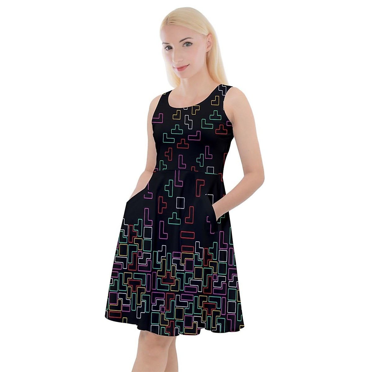 CowCow Womens Unique Game Console Print Knee Length Skater Dress Pockets - XL Black