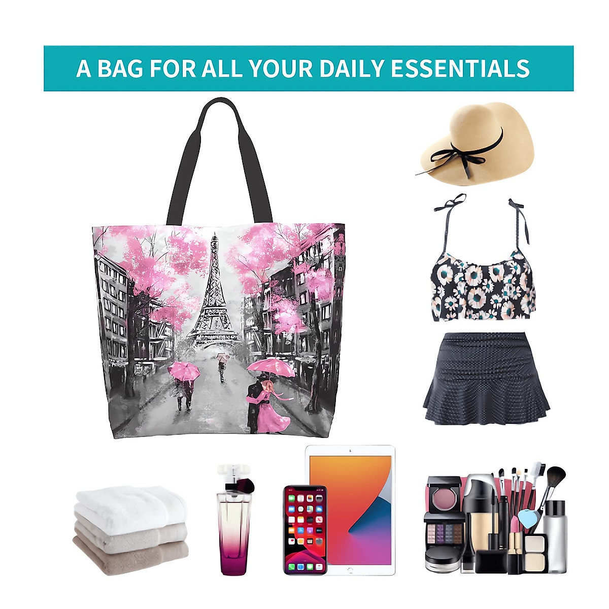 Sweetshow Eiffel Tower Tote Bag Paris Gifts for Women Pink Handbag Paris Bag Grocery Bag Waterproof Reusable Grocery Shopping Gift Bag for Beach Bags Shoulder Bag Handbag