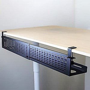 AEONS Under Desk Cable Management Tray Kit - Horizontal Adjustable up tp 41” Desk Organizer Removable C Clamp Mount Reversiable Computer Cord Raceway and Modesty Panel for Large Desk, Black