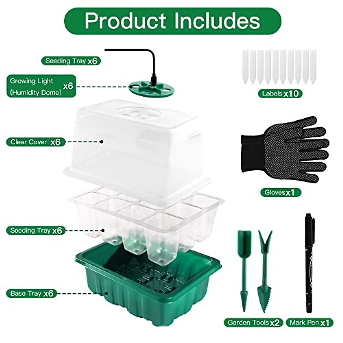 Cookmaster Seed Starter Tray, 6 Pack Seed Starter Kits with Grow Light, Seedling Trays with Humidity Domes, Indoor Gardening Plant Germination Trays, Covers Height 3.9", (12 Cells per Tray)