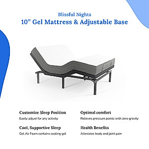 Blissful Nights e3 Cal King Split Adjustable Bed Base Frame with 10" Medium Firm Gel Infused Memory Foam Mattress