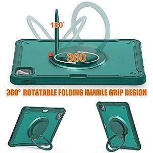 SLLMYYX Case for iPad Pro 11 inch 2022/2021/2020/iPad Air 5th/4th, 360 Rotating Hand Grip Kickstand Heavy Duty Protective Cover with Shoulder Strap (Midnight Green)