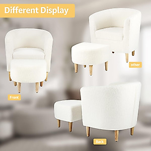 DAZONE Sherpa Chair, Accent White Fluffy Chair Teddy Barrel Chair with Ottoman Comfy ArmChair Footrest Set For Living Room Upholstered Club Tub Sofa Chair for Bedroom Reading Room