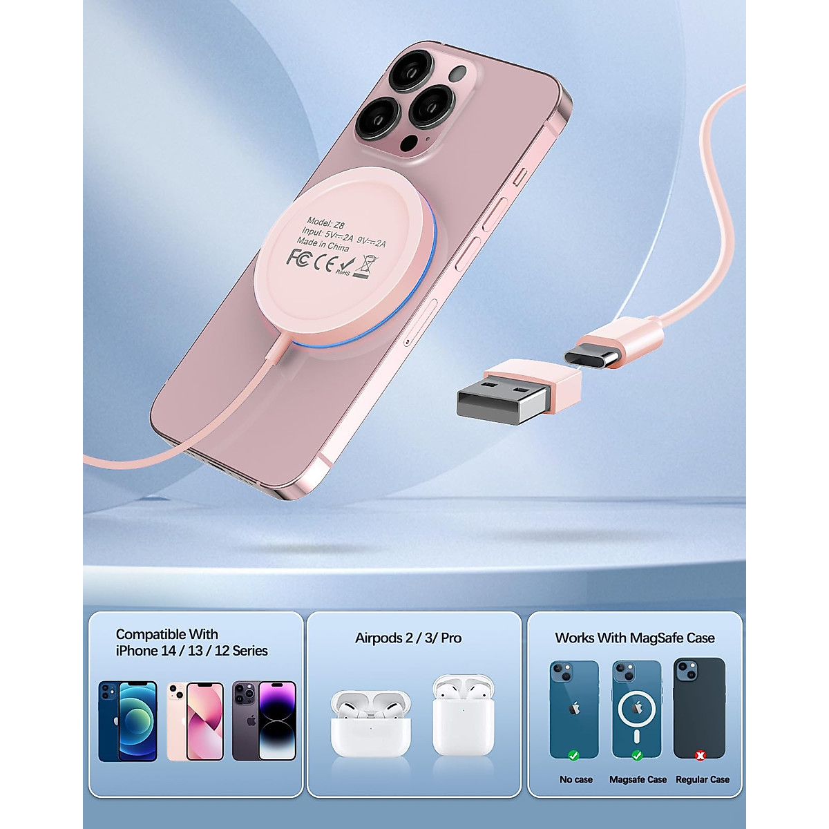 Magnetic Wireless Charger Fast Apple Mag-Safe Charger for iPhone 15 Pro Max/15 Pro/15/15 Plus/14/13/12 Series AirPods 3/2/Pro/Pro 2 LED Magnet Charging Pad with Dual Charging Ports Pink