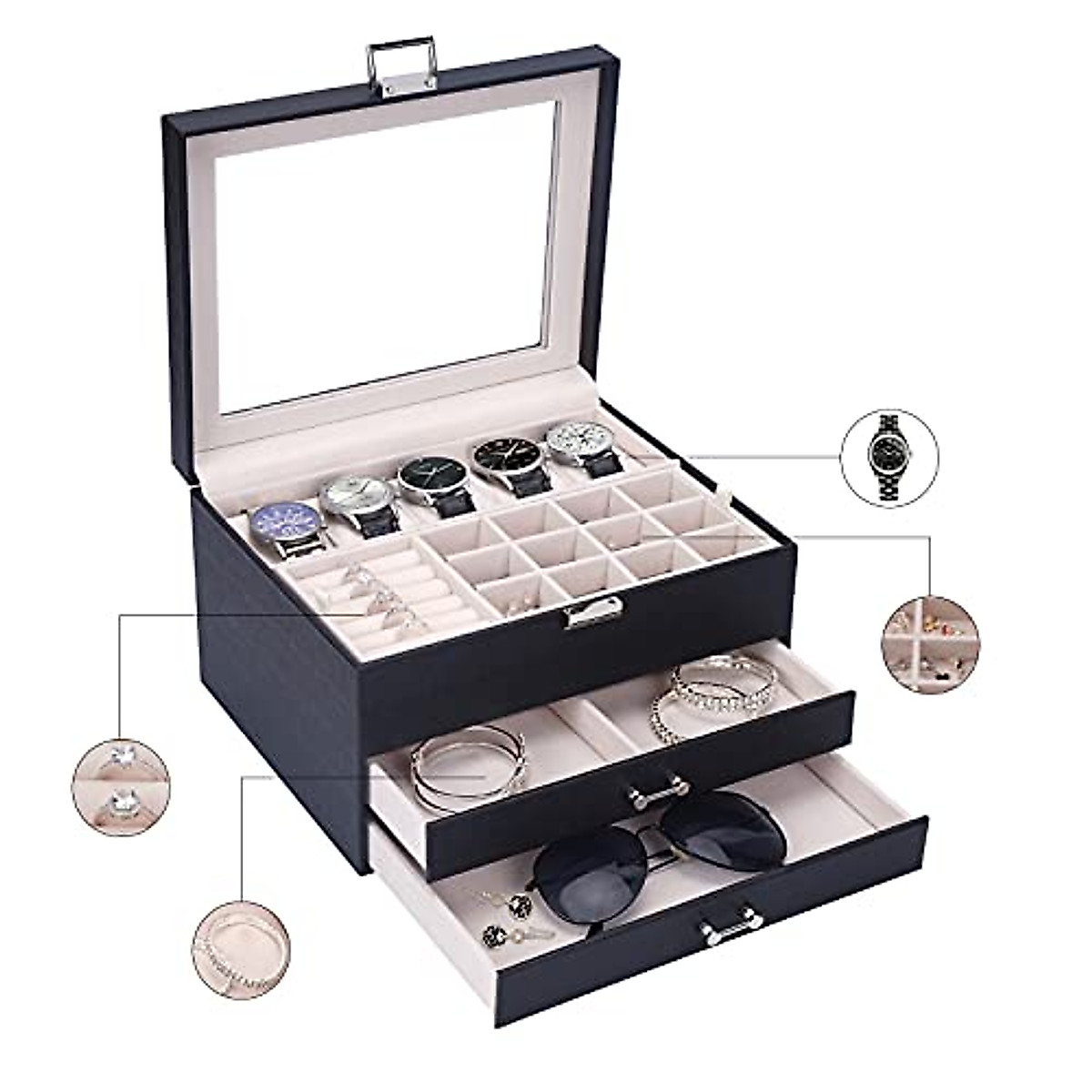 Jewelry Organizer, Watch Box with Jewelry Storage Box Jewelry Cases Storage and Organize 4 Layer Jewelry Box Watch Storage Case/black