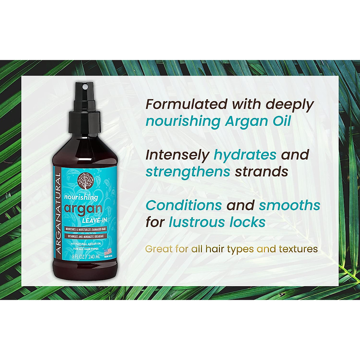 Arganatural Argan Leave-In Conditioner & Detangler for Damaged Hair, 8 fl oz Spray Bottle, Macadamia and Argan Oil, Paraben Free Hair Care