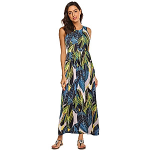 Hount Ladies Summer Dresses Clothing Women's Summer Casual Sexy Sleeveless Long Maxi Dress with Pockets Leaf Print L