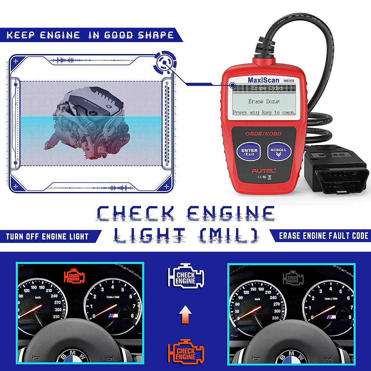 Autel OBD2 Scanner MS309 Universal Car Engine Fault Code Reader, Check Engine Light and Emission Monitor Status, OBDII CAN Diagnostic Scan Tool