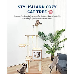 Made4Pets Cat Tree Cat Tower for Indoor Cats 65.6 Inches Modern Wood Cat Condo with Scratching Post for Large Cats Climbing, Multi-Level Tall Cat Tower Tree House with Hammock for Kitten Play and Rest