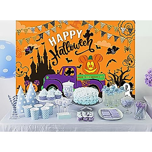 YUNKELIU Cartoon Mouse Happy Halloween Backdrop, Mouse Halloween Theme Party Decorations Happy Halloween Backdrop Banner Halloween Party Decorations for Halloween Indoor Outdoor Party Supplies