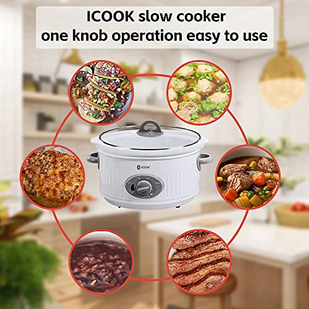 ICOOK Slow Cooker 3.5 Quart USC-351-OG,Dishwasher Safe Crock/Ceramic inner pot and Glass lid,Small Slow Cooker,Oval Shape,White