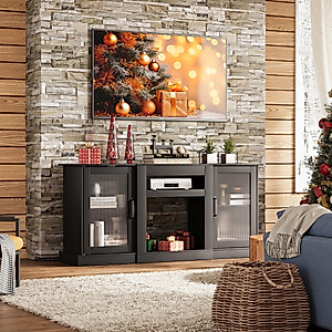 WLIVE Retro TV Stand for 65 inch TV, TV Console Cabinet with Storage, Open Shelves Entertainment Center for Living Room and Bedroom, Black