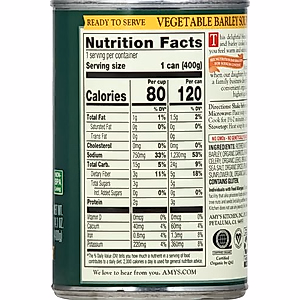 Amy’s Soup, Vegan Vegetable Barley Soup, Low Fat, Made With Organic Tomatoes, Carrots and Celery, Canned Soup, 14.1 Oz