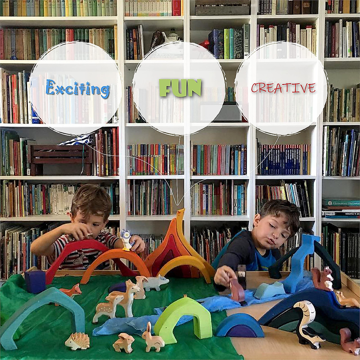 moderngenic 'Four Elements' Rainbow X-Large Rainbow Blocks, Wooden Toys for Kids, Geometric Building Puzzle, Volcano/House Educational Set