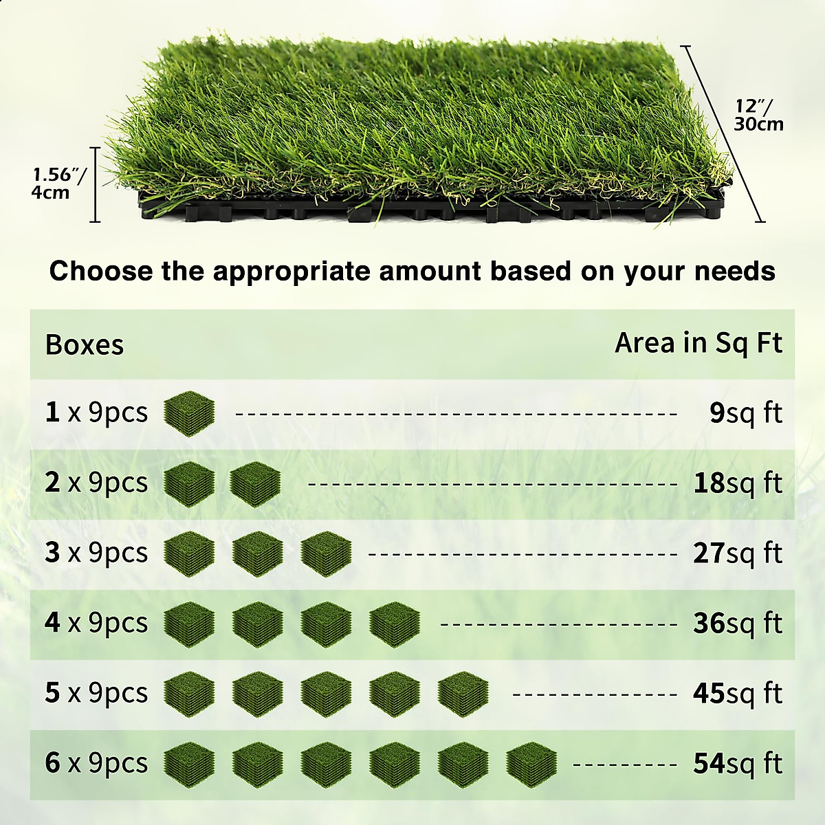 TONAHUTU Artificial Grass Turf Tile, 9 Piece 1'x1' Interlocking Fake Grass Mat Deck Tile Synthetic Grass Turf Green Lawn Carpet for Outdoor Garden Balcony Patio Decor (1.57in Height)