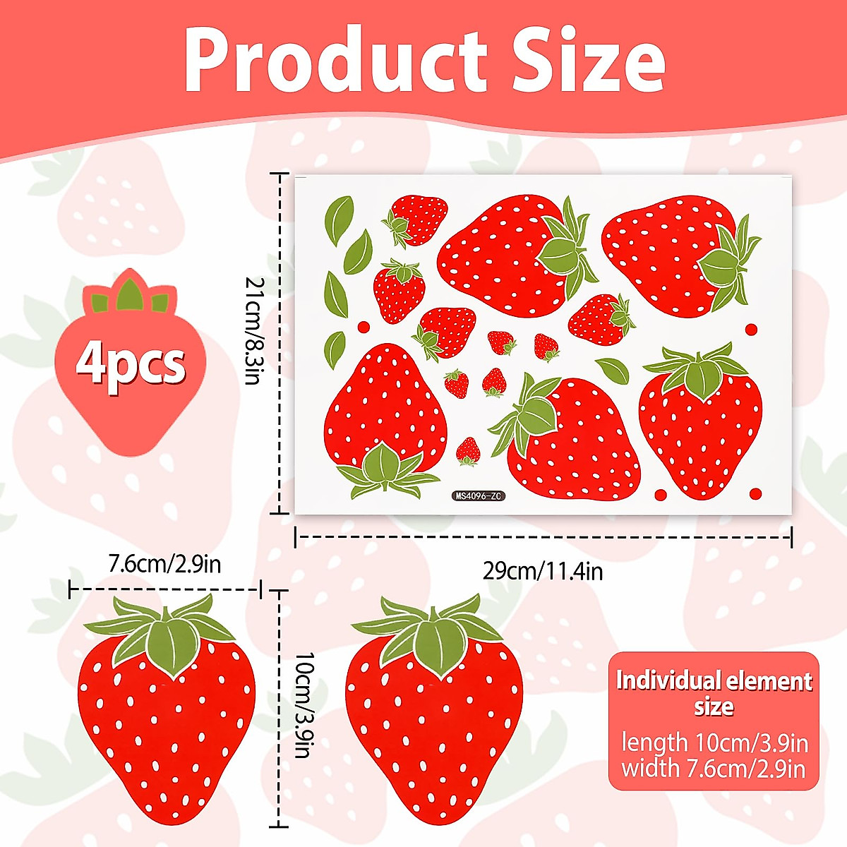 4 Pages Strawberry Stickers, Cute Strawberry Shortcake Stickers, Waterproof Removable Strawberry Wallpaper Stickers for Girl Decorations