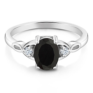 Gem Stone King 925 Sterling Silver Black Onyx 3 Stone Ring For Women | 1.31 Cttw | Gemstone December Birthstone | Oval 8X6MM | Available In Size 5, 6, 7, 8, 9