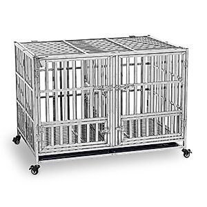 RyBuy 48" Heavy Duty Dog Cage Foldable Stackable Stainless Steel Kennel Cage for Small Dogs with Floor Grid, Tray, Divider