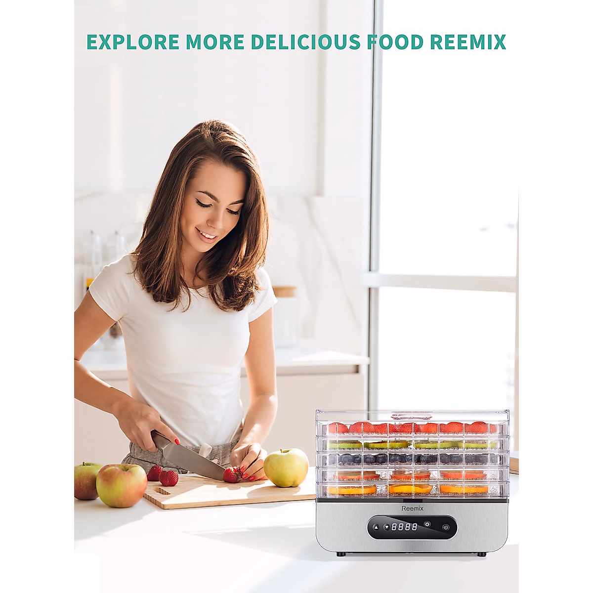 Reemix Food Dehydrator Machine, Compact Dehydrators for Food and Jerky, Fruits, Veggies, 500W Dehydrated Dryer with Temperature Control, 5 BPA-Free Trays Dishwasher Safe, Silver